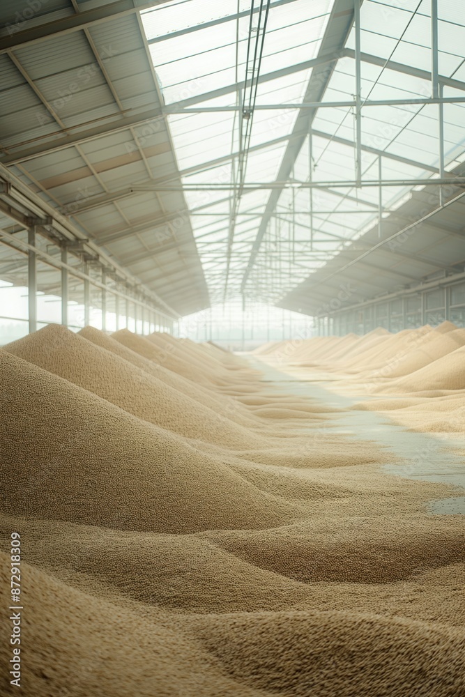 Warehouse interior with high ceiling, metal beams, stacks of light ...