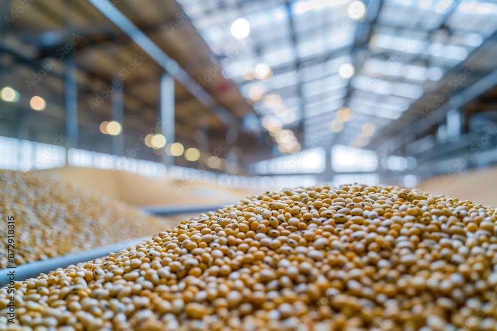 Warehouse space filled with dry beans grain piles. Storage facility ...