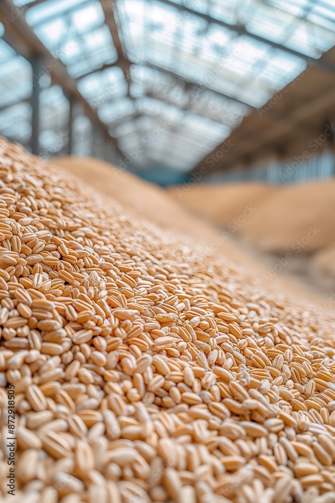 Large modern warehouse filled with wheat grain. High piles of light ...