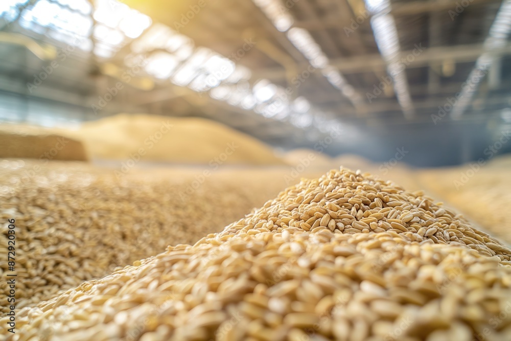 Large pile of light brown wheat grains in industrial setting. Warehouse ...