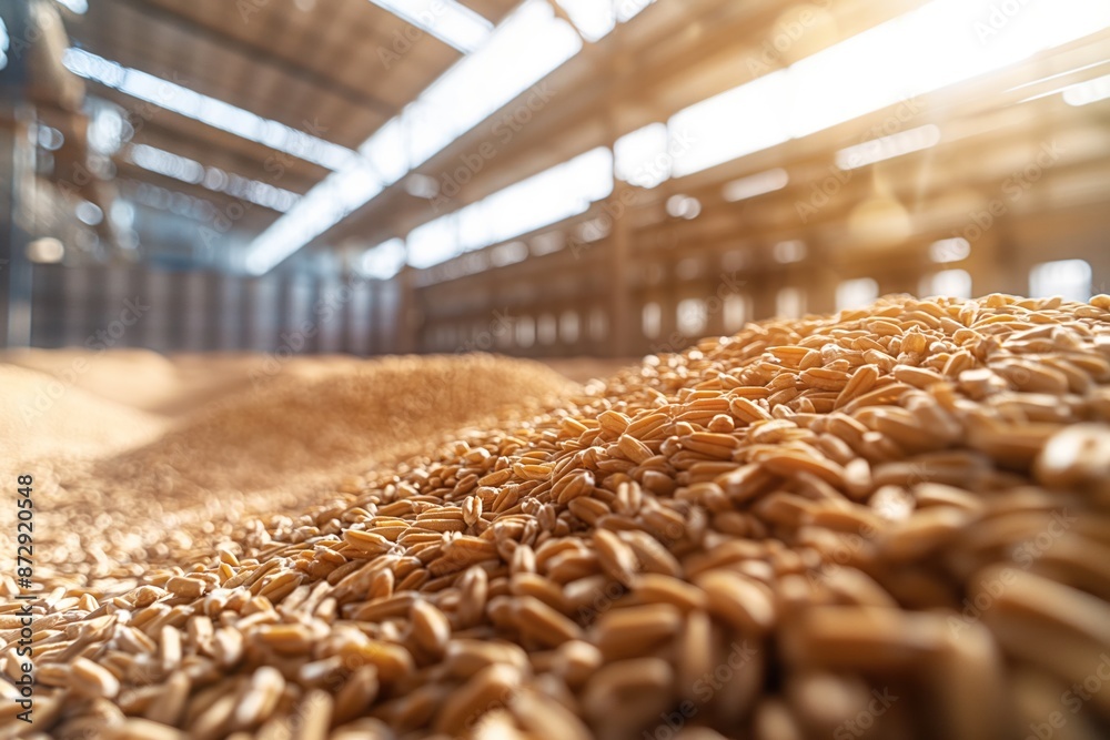 Large pile of golden brown wheat stored in modern warehouse with ...