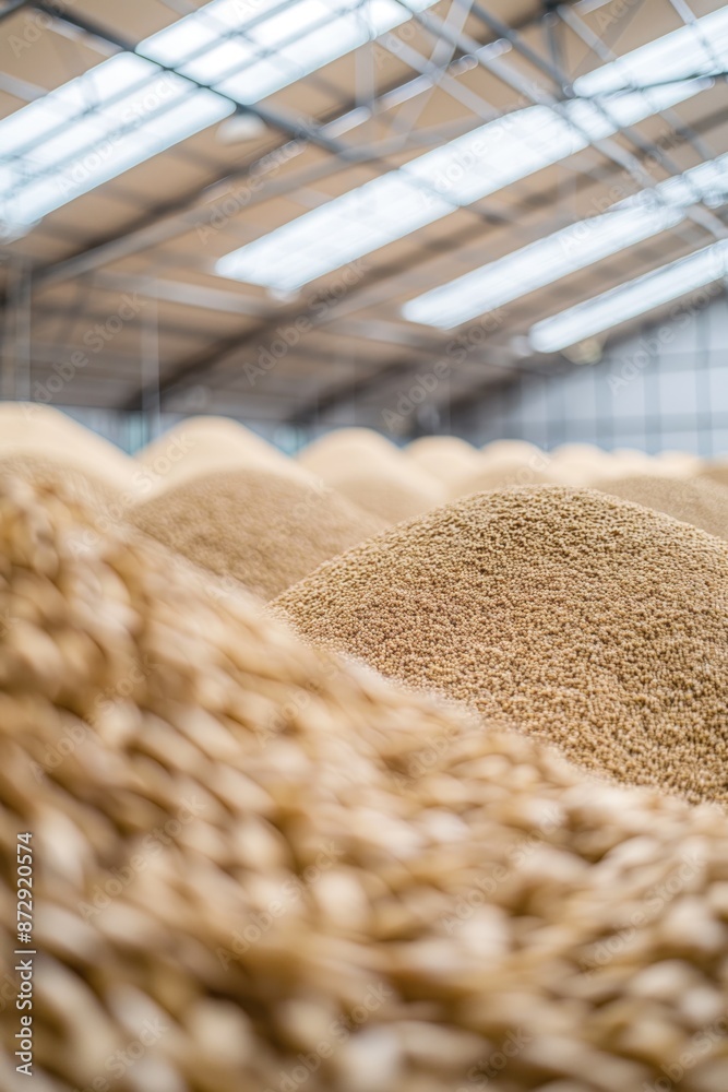 Modern warehouse filled with millet grain. Huge piles of grain cover ...