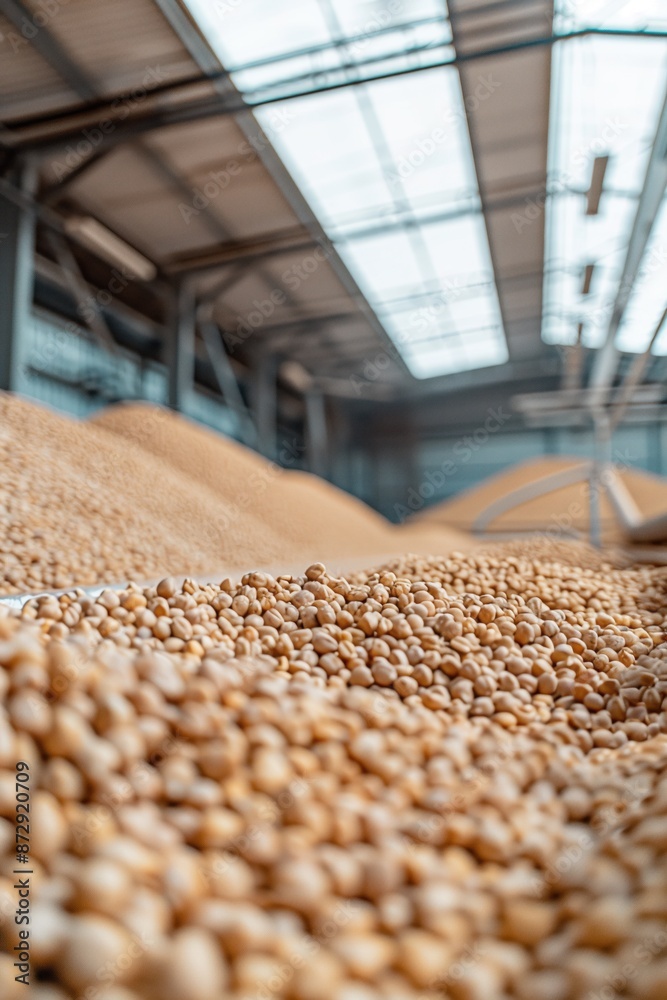 Warehouse interior filled with stacked soybeans. High piles of light ...