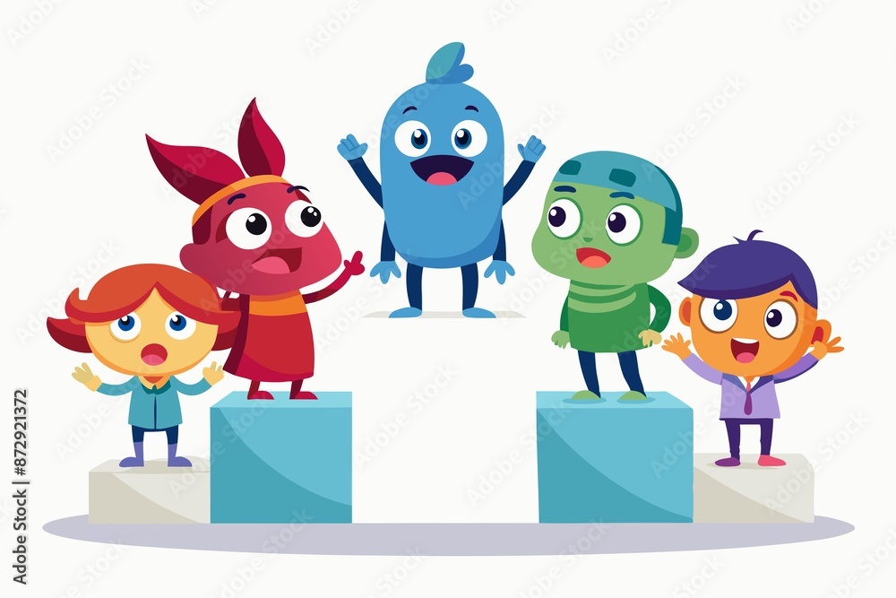 collection of cartoon figures standing on blank podium, forming curious ...