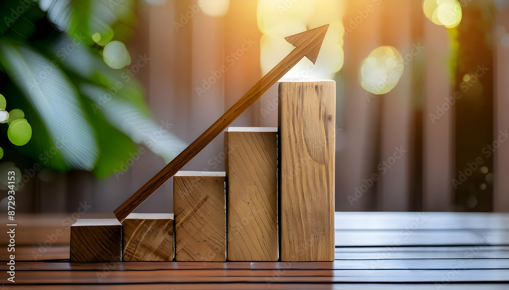 Wooden block graph with rising arrow, on table Staircase graph made of ...