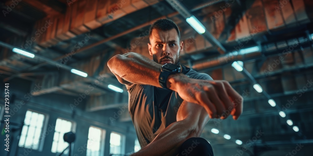 In power fitness, man stretches on gym floor for strength, muscle ...