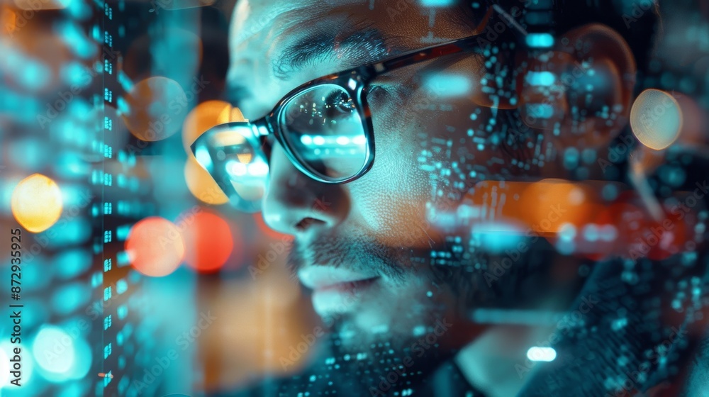 Data analytics, night cybersecurity, and screen overlay thinking software, code hologram and man ...