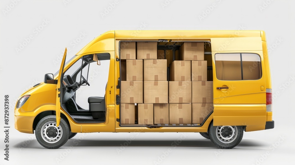 yellow cargo van with doors open and full of cardboard boxes for ...