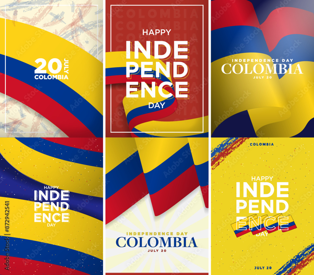 Colorful Happy Columbia Independence Day Poster Set. 3D Colombian flag ...