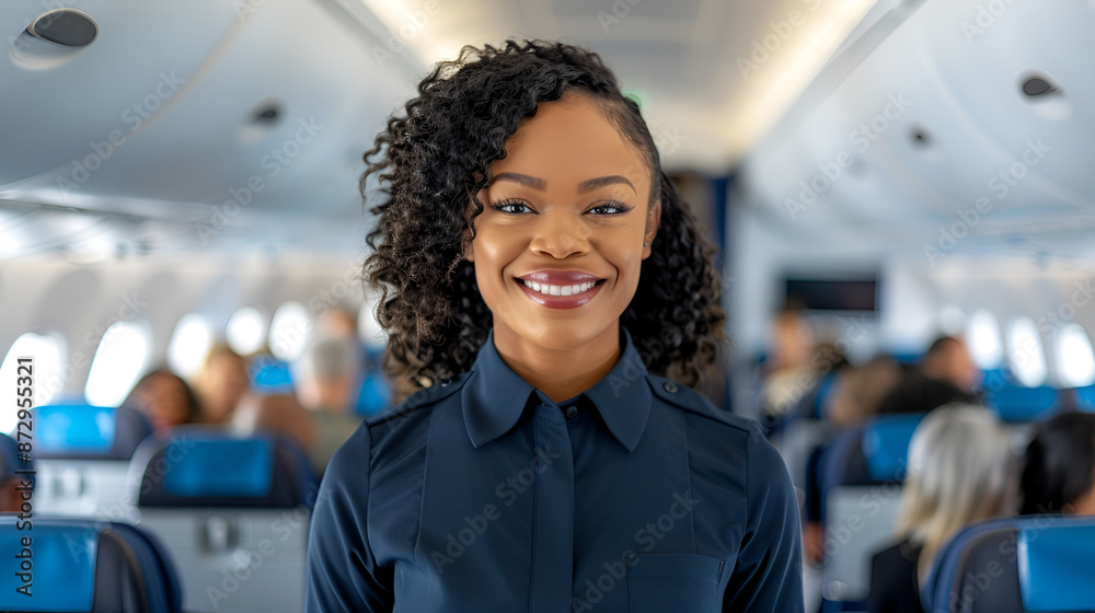 Smiling African airline stewardess with curly hair in blue uniform ...