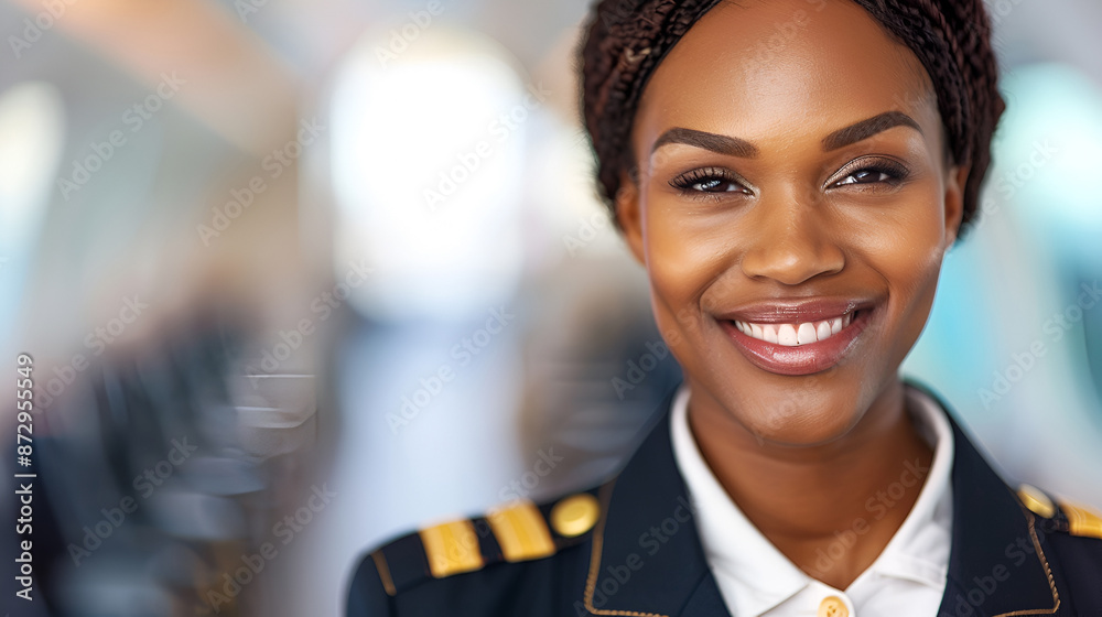 Professional African female cabin crew member in dark uniform offering ...