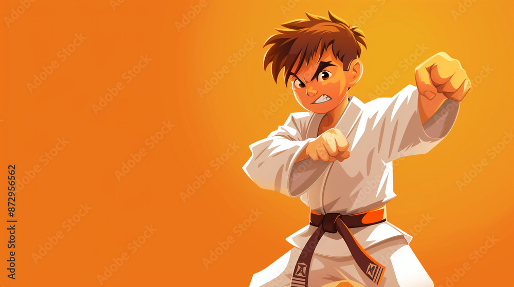 Cartoon style young martial arts player boy in challenge pose for ...