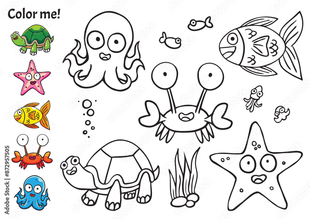 Color me! Sea creatures found in the ocean, hand drawn pictures, for ...