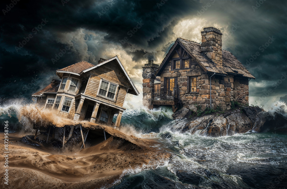 Parable of the wise and foolish builders. House constructed on the sand ...