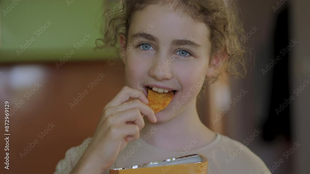 Hungry Girl Enjoying Tasty Chips. Kid Eating Unhealthy Potatoes Crisps ...
