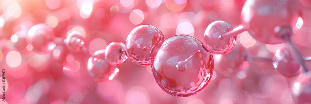 Pink spheres with water droplets on them. The spheres are arranged in a ...