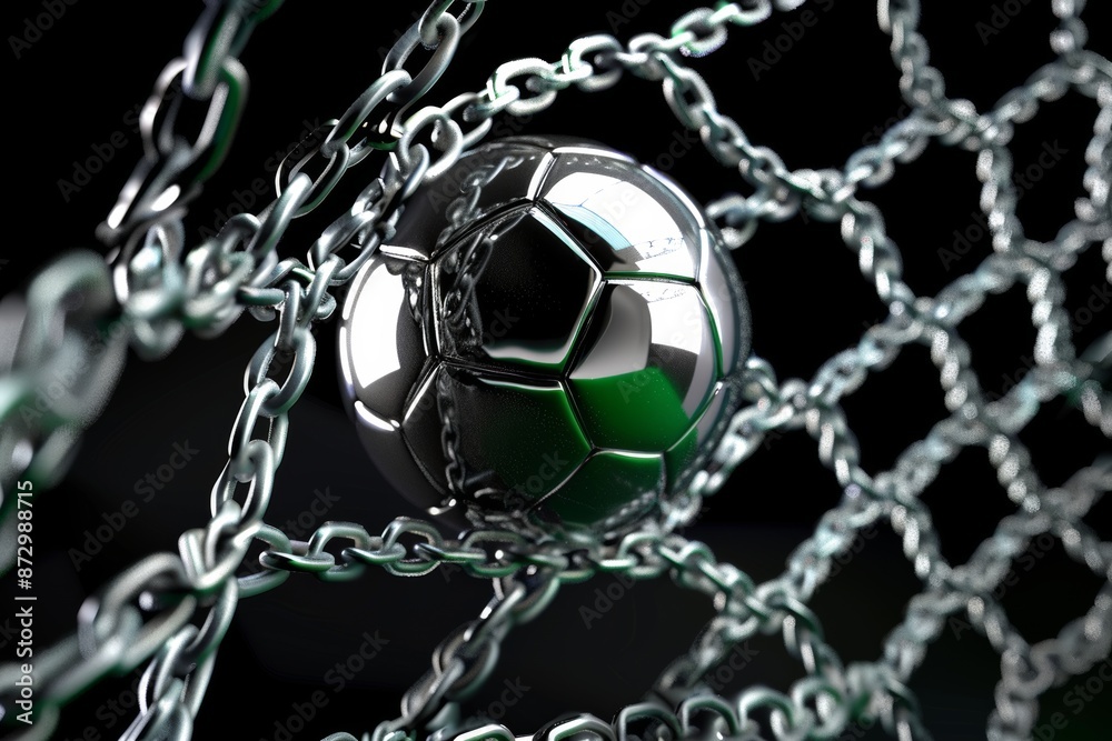 Concept of football goal with a metal ball breaking the chain net. 3D ...