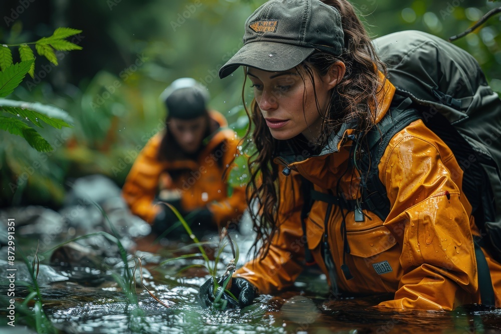 Hikers dressed in rain gear make their way through a wet forest and ...