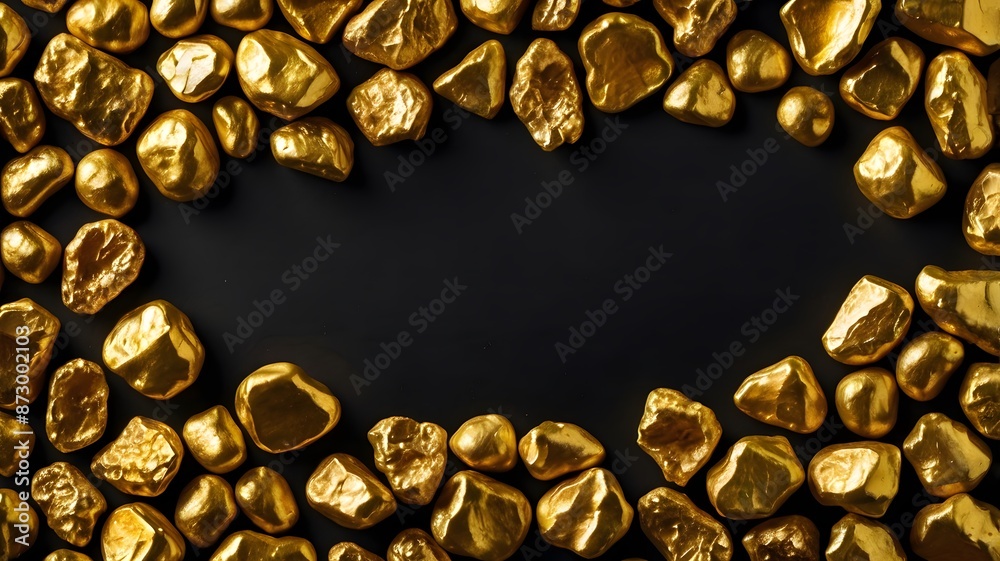 Bright shiny gold nuggets on black background with copy space middle for text or luxury solid ...
