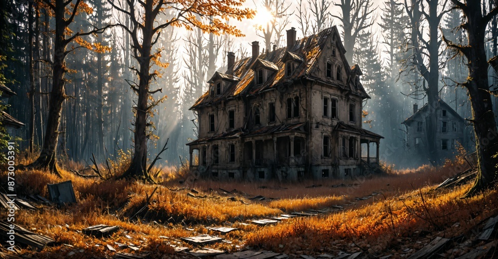 decayed abandoned house buildings in overgrown post apocalyptic ...