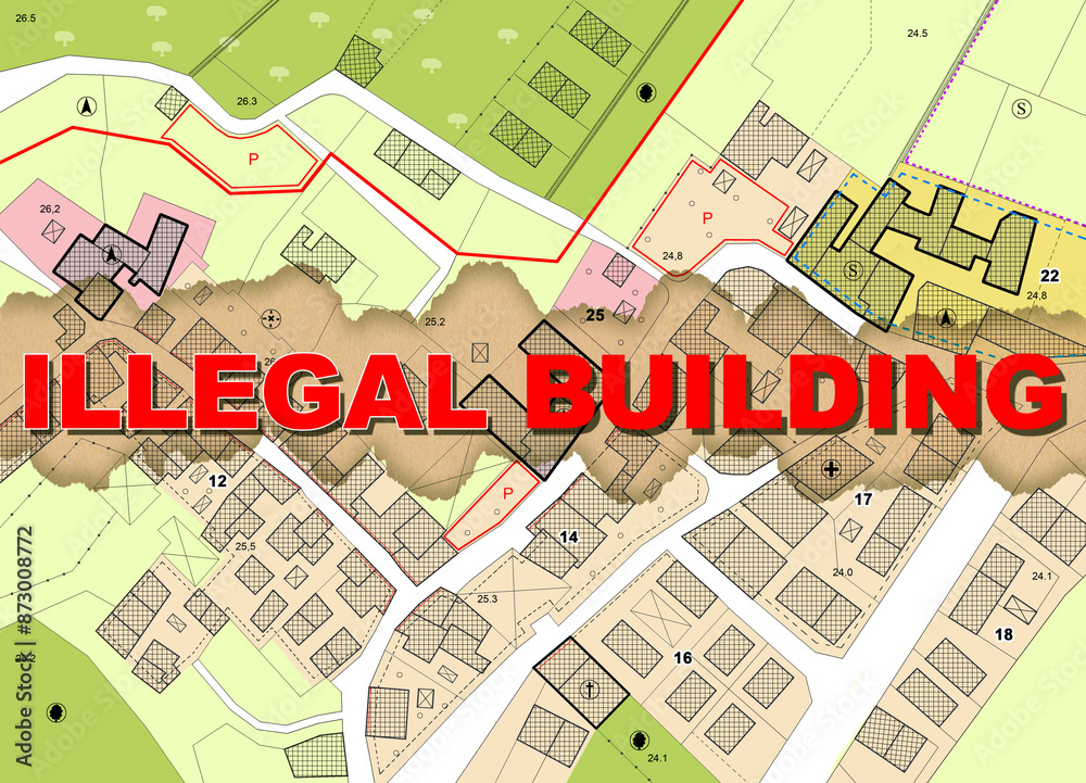 Illegal building activity concept with imaginary cadastral and General Urban Plan with building ...