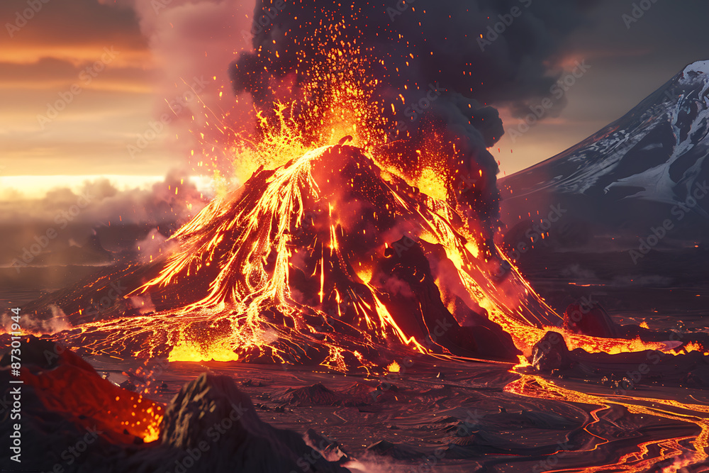 Cataclysmic volcanic eruptions releasing magma, ash, and gases ...