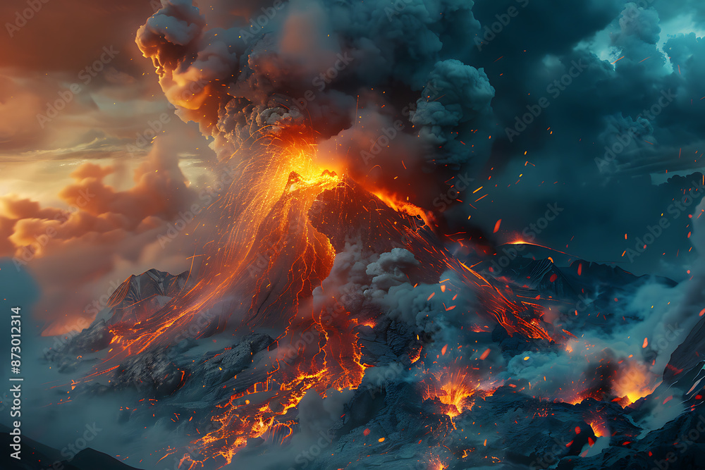 Cataclysmic volcanic eruptions releasing magma, ash, and gases ...