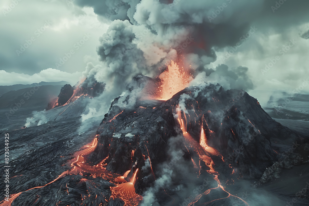 Cataclysmic volcanic eruptions releasing magma, ash, and gases ...