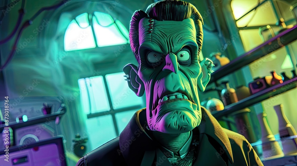 Creepy cartoon Frankenstein character in a spooky laboratory with eerie ...