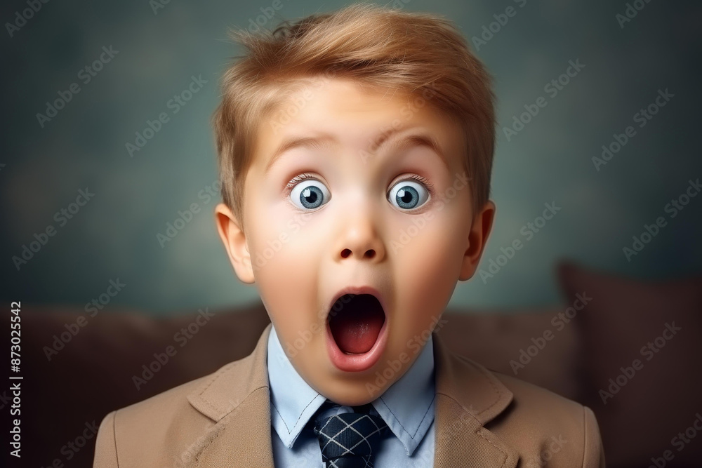 A little boy is positively surprised, with a shocked expression of joy ...