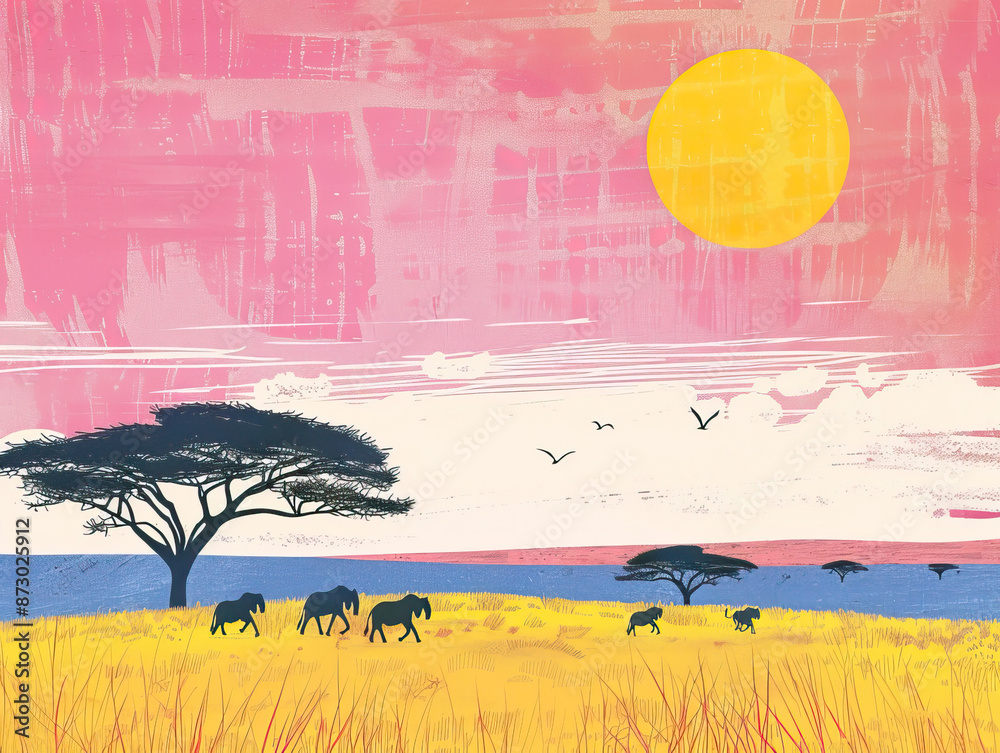 Risograph riso print travel poster, card, wallpaper banner illustration ...