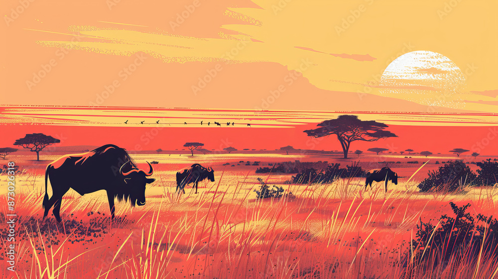 Risograph riso print travel poster, card, wallpaper banner illustration ...