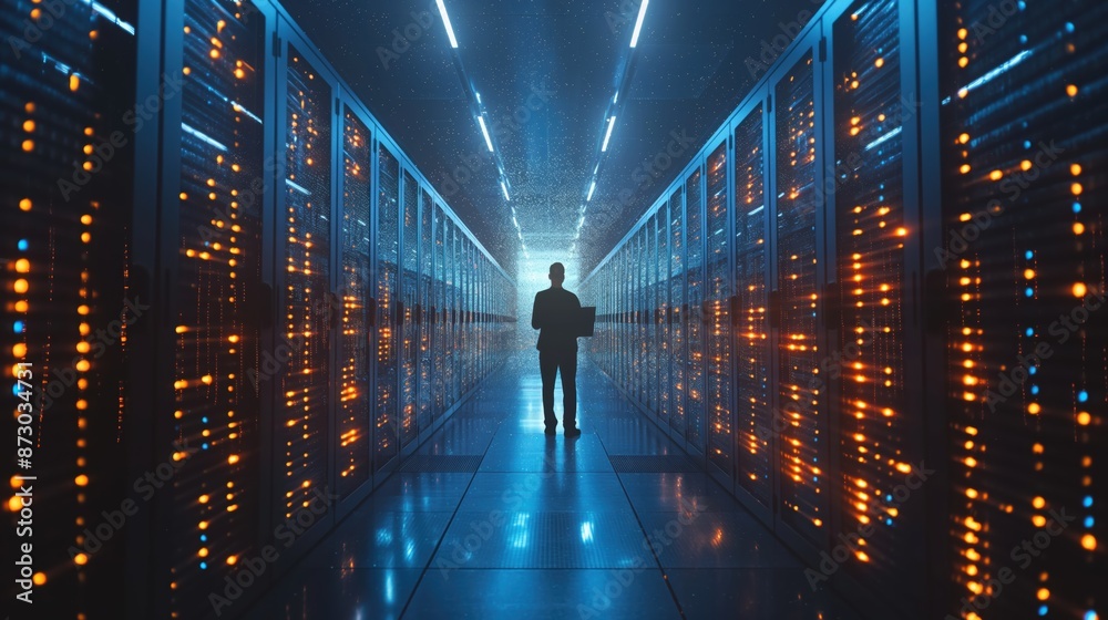 Technician monitors a powerful server room used to generate AI or farm ...