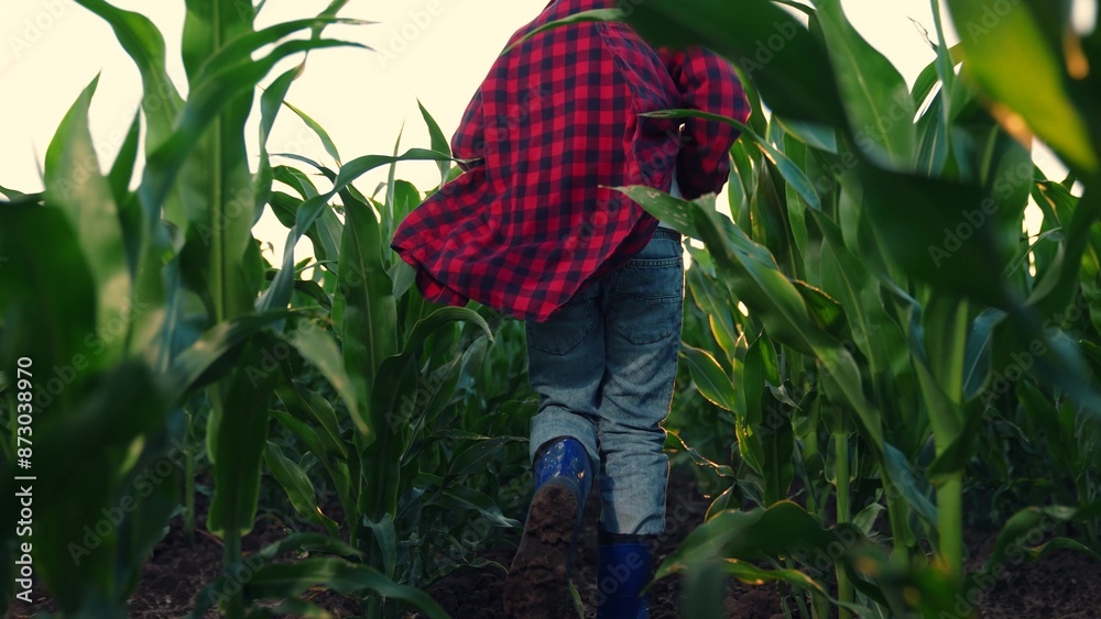 Farm teen boy legs in rubber shoes running on maize plantation closeup ...