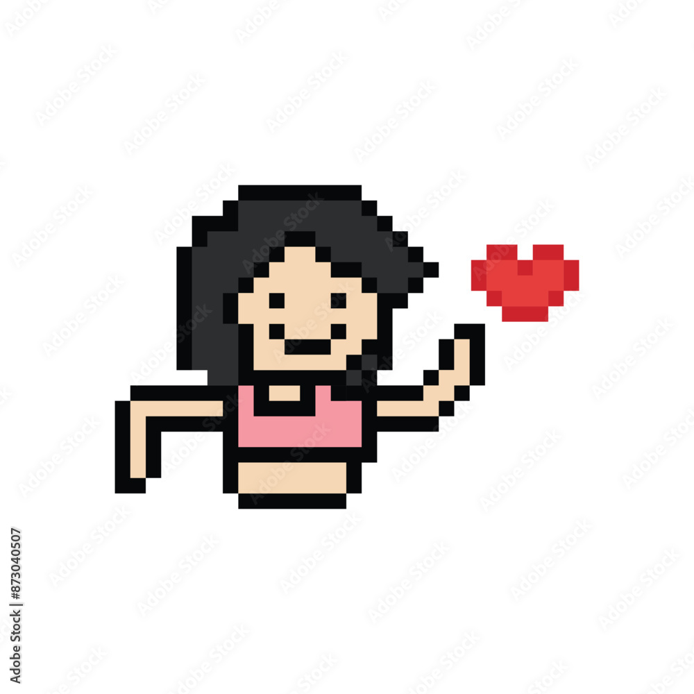 Cute pixel cartoon 8bit character woman exercises training dance ...