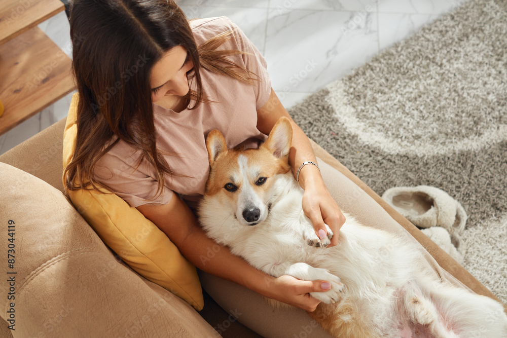 The intimate scene captures the comfort of a pet owner bonding with her ...