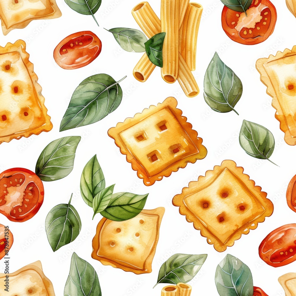 watercolor Different types of pasta shapes like spaghetti, penne, and ...