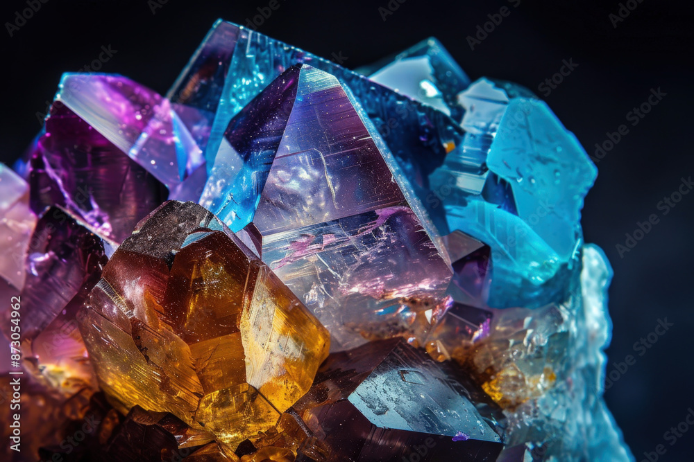 Shimmering crystals in blue, purple, orange, and yellow hues. Close-up ...
