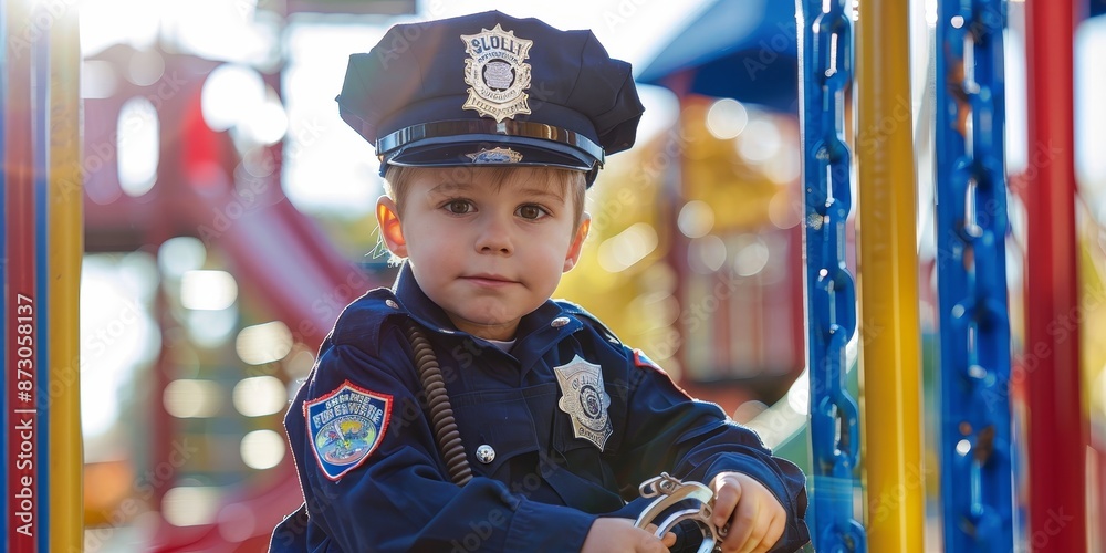 Adorable little police officer with a toy badge and handcuffs, on ...