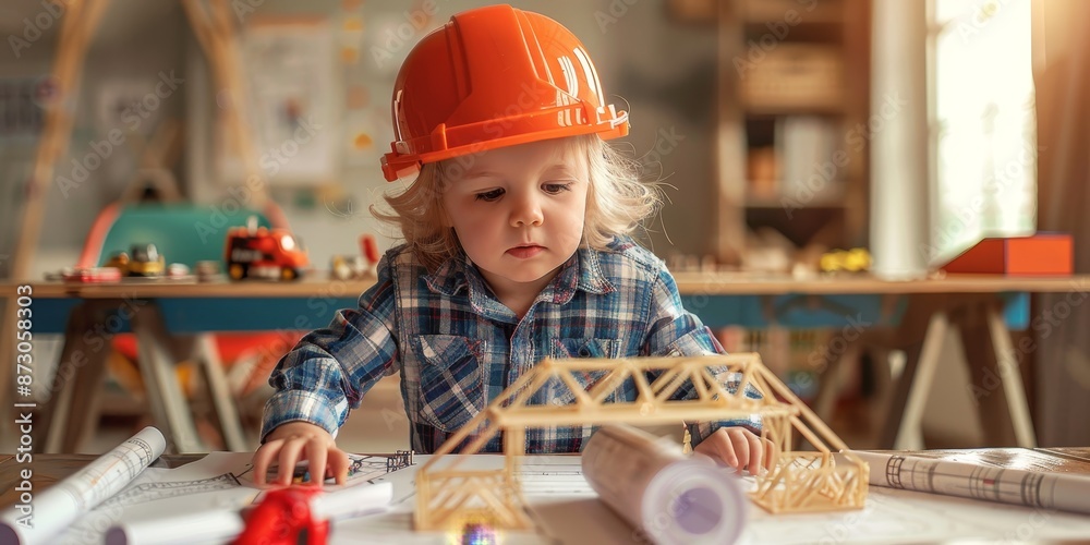 Charming little engineer with a hard hat and blueprints, constructing a ...