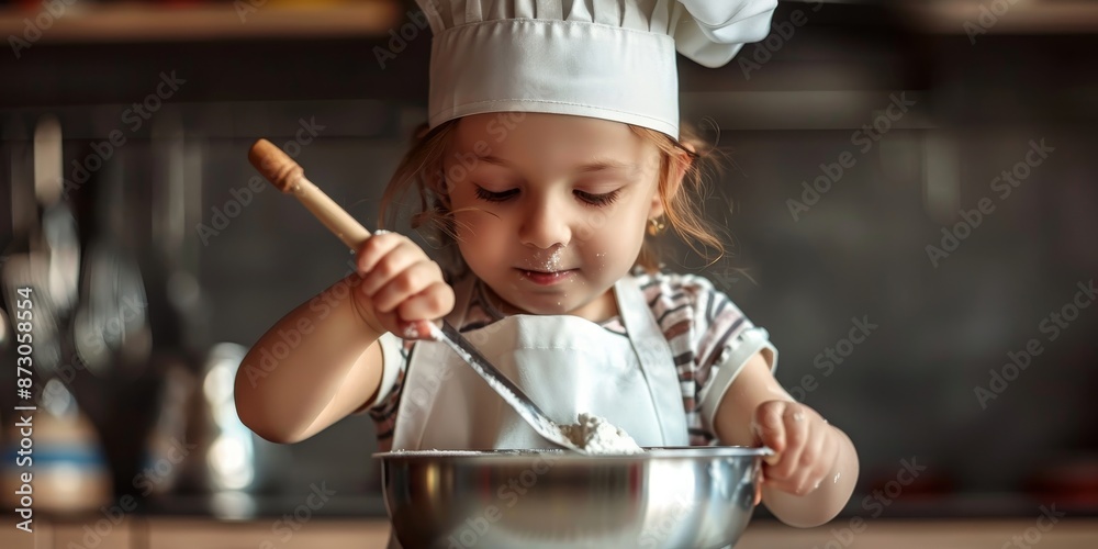 Cute little chef in a tiny apron and hat, stirring a mixing bowl with ...