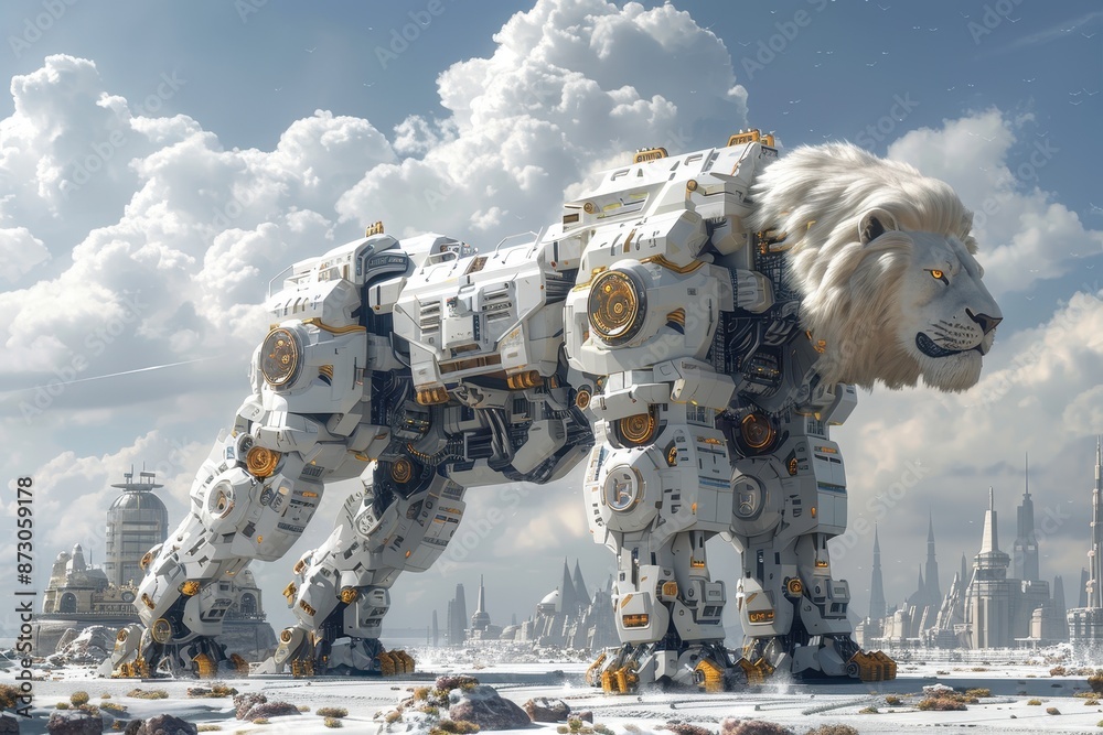 Futuristic mechanical lion standing in a sci-fi cityscape with clouds ...