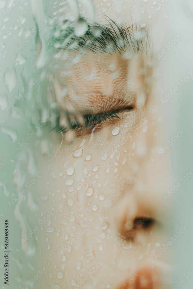 Serene Woman's Face Behind Raindrop Covered Glass - Close-Up Emotional ...