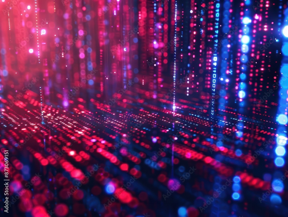 Glowing Red And Blue Pixelated Binary Code Encryption In Digital Data Stream Concept Digital