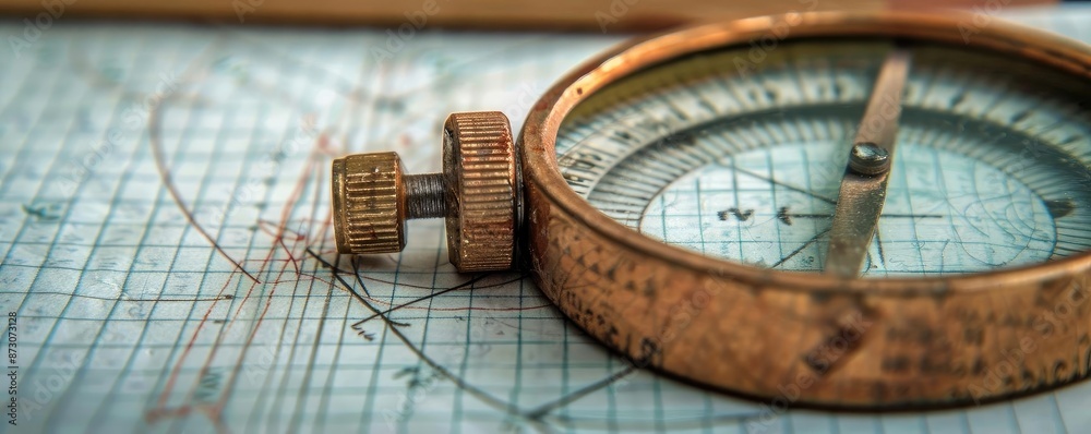 Vintage metal compass placed on an old-fashioned graph paper map ...