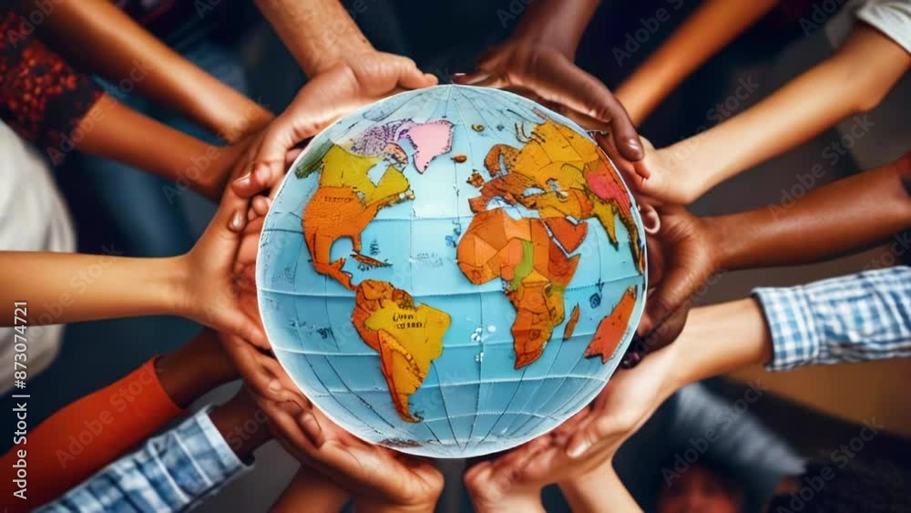 People of different ethnic groups holding globe, top view. Hands of ...