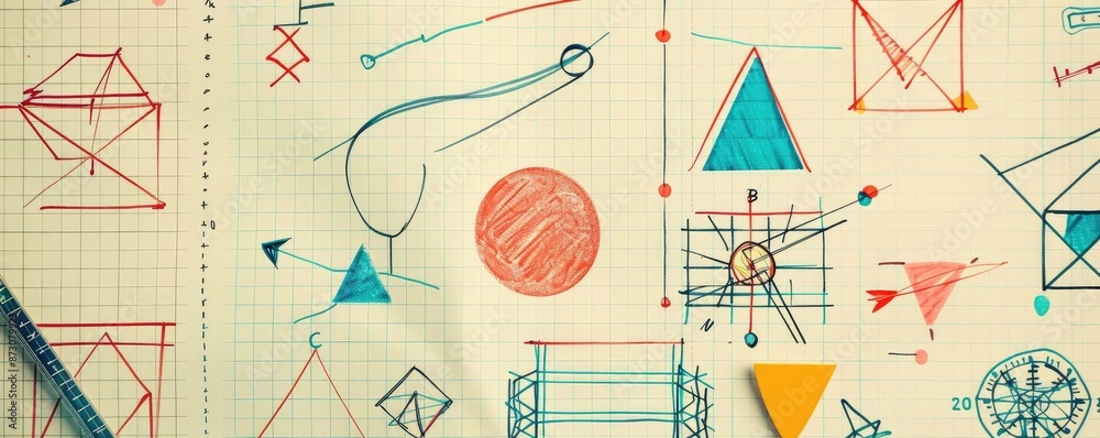 Colorful geometry drawings and equations on graph paper. Mathematics ...