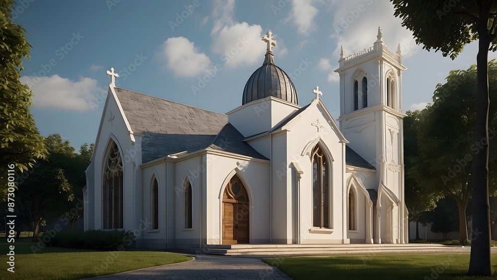 Modern minimalist church exterior design, bright sunny day theme ...
