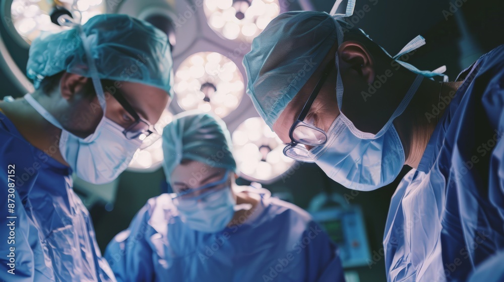 Team of surgeons in a high-tech operating room performing a complex ...