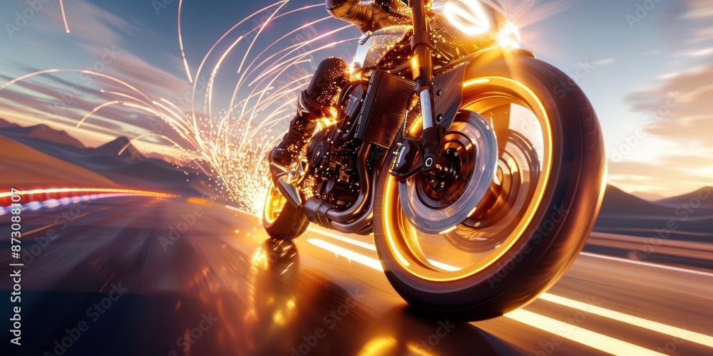 Energetic motorcycle riding at dusk with sparks flying, capturing speed ...